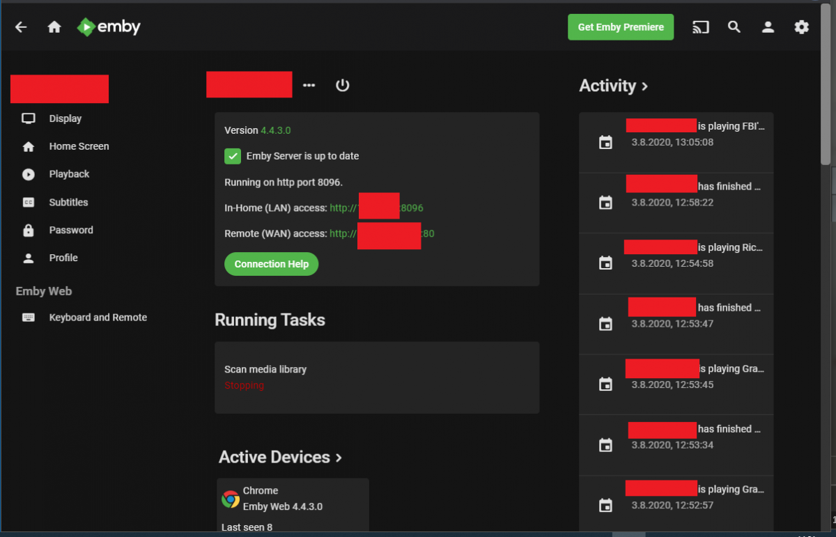 Add/edit library gone from dashboard after inputing Emby Premiere ...