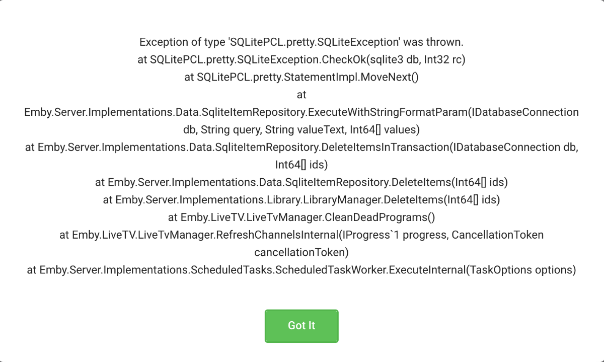 Live Tv Guide Failing To Update Sqlite Error Linux Emby Community