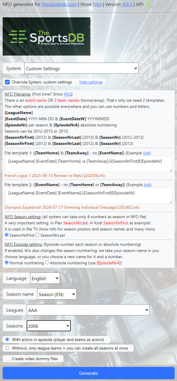 TSDB NFO Creator - NFO Zip packages for Sport Videos (TheSportsdb.com ...